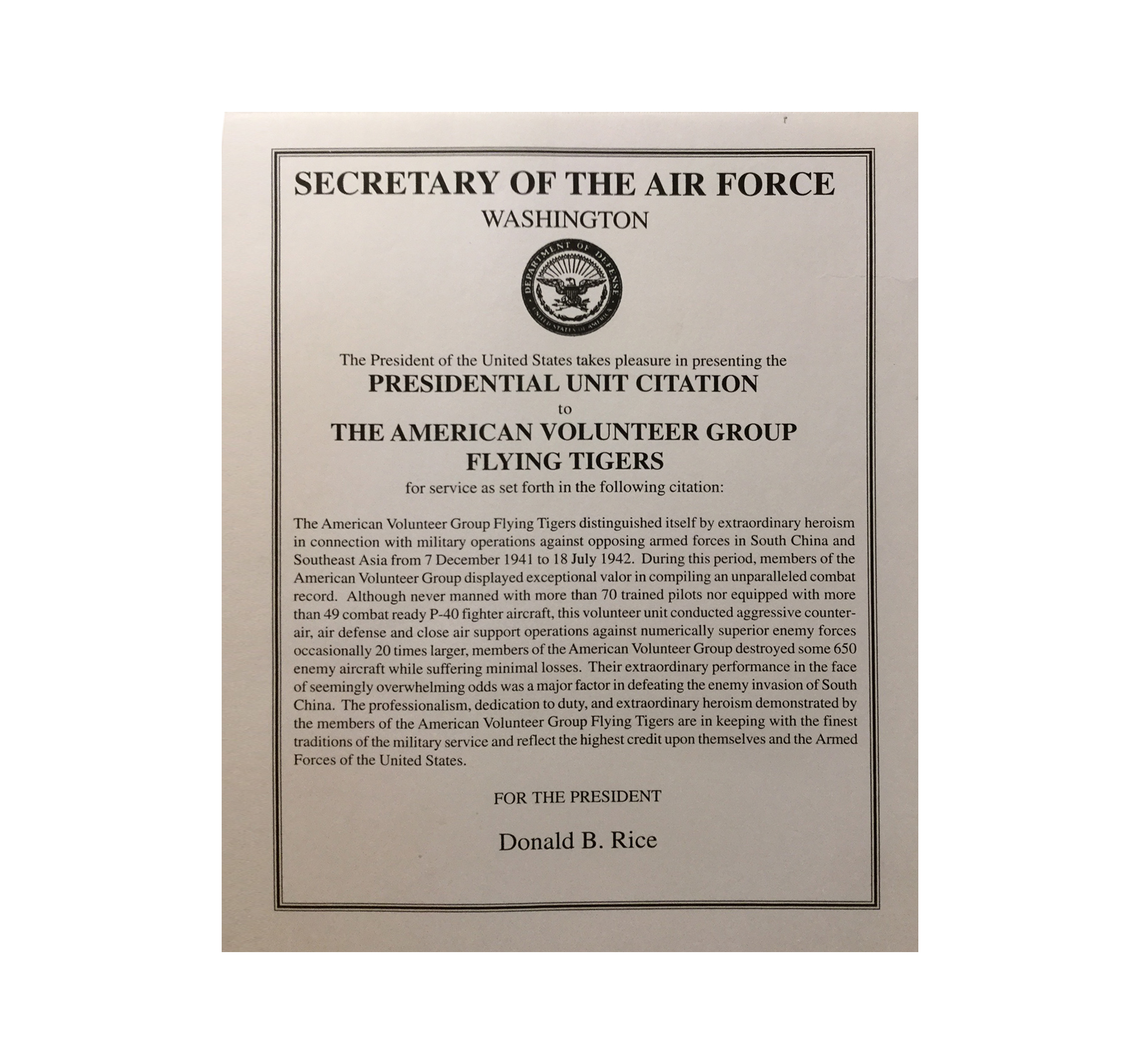 Presidential Unit Citation | THE FLYING TIGERS | JOHNNIE PETACH